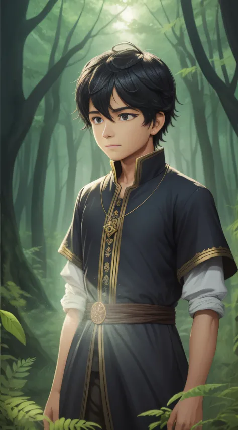 portrait of a young brown-haired boy wearing a medieval blue and gold ...