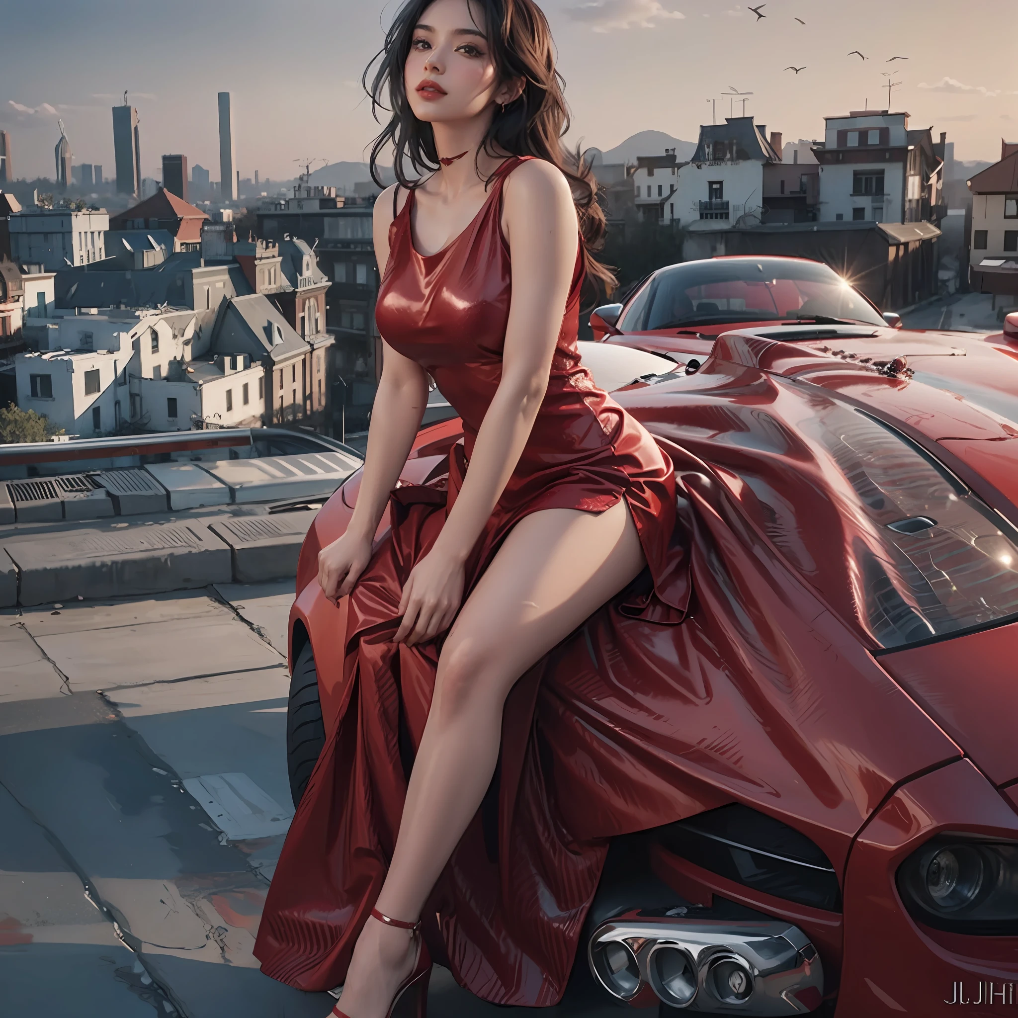 Araffe woman in red dress sitting on a red sports car - SeaArt AI