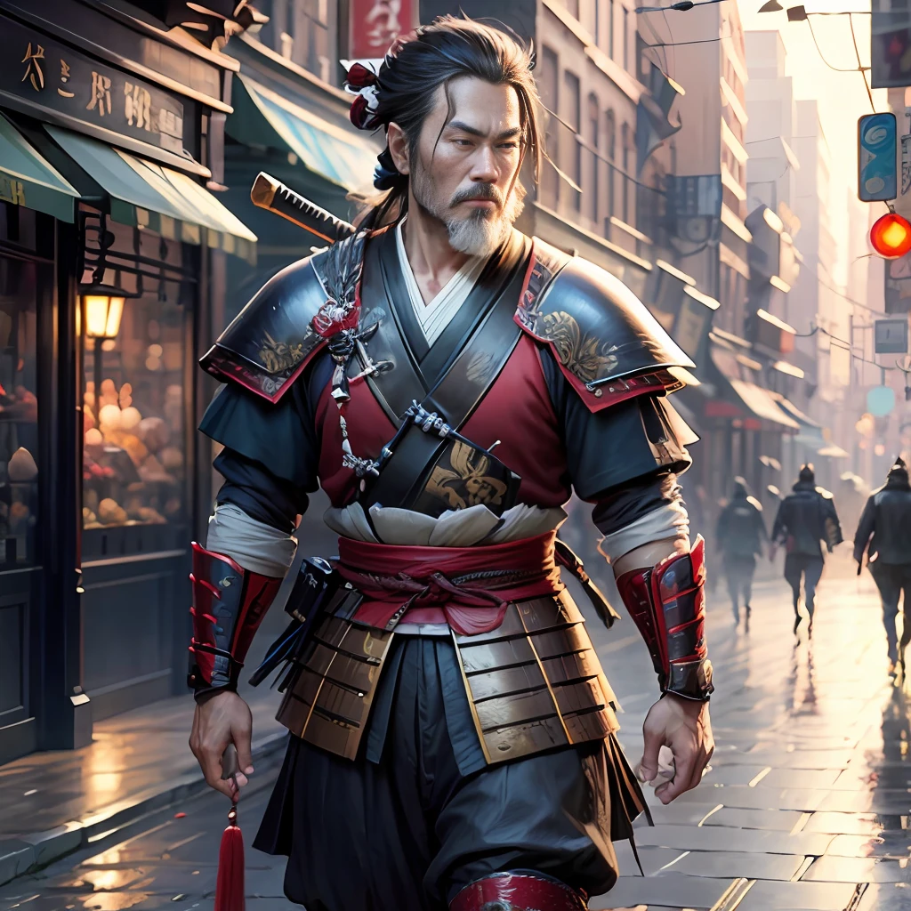samurai man in a realistic cit - SeaArt AI
