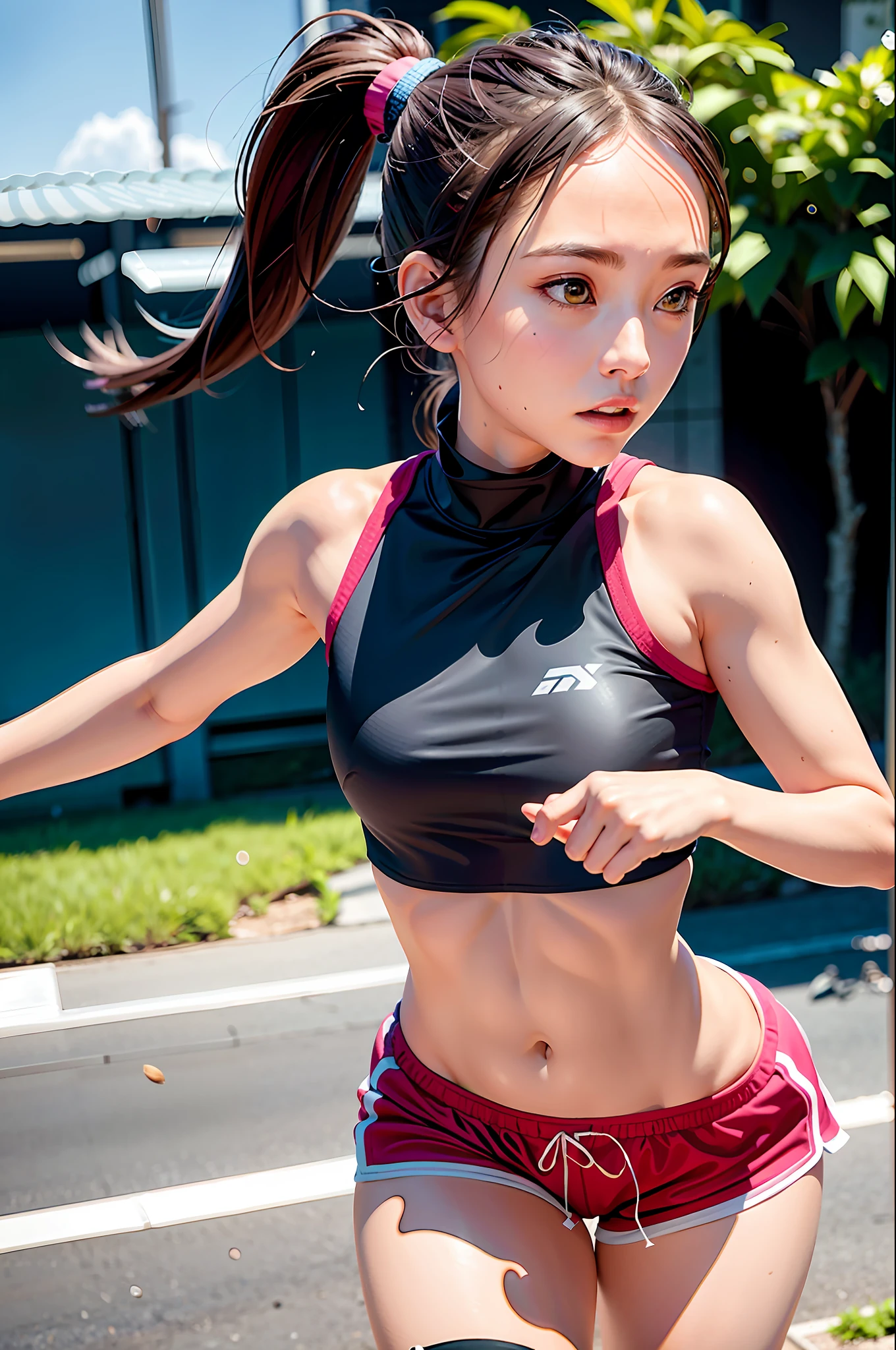 1 girl, solo, running, Gray Track Top, pink shorts - SeaArt AI