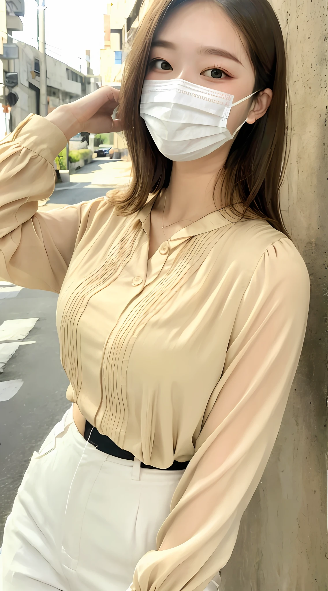 A woman wearing a mask standing on a street corner - SeaArt AI