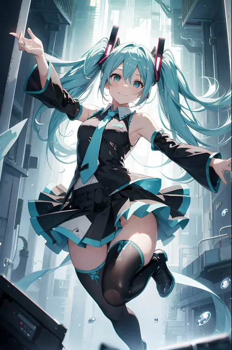 Hatsune Miku, happy, smile, mouth open, singing - SeaArt AI