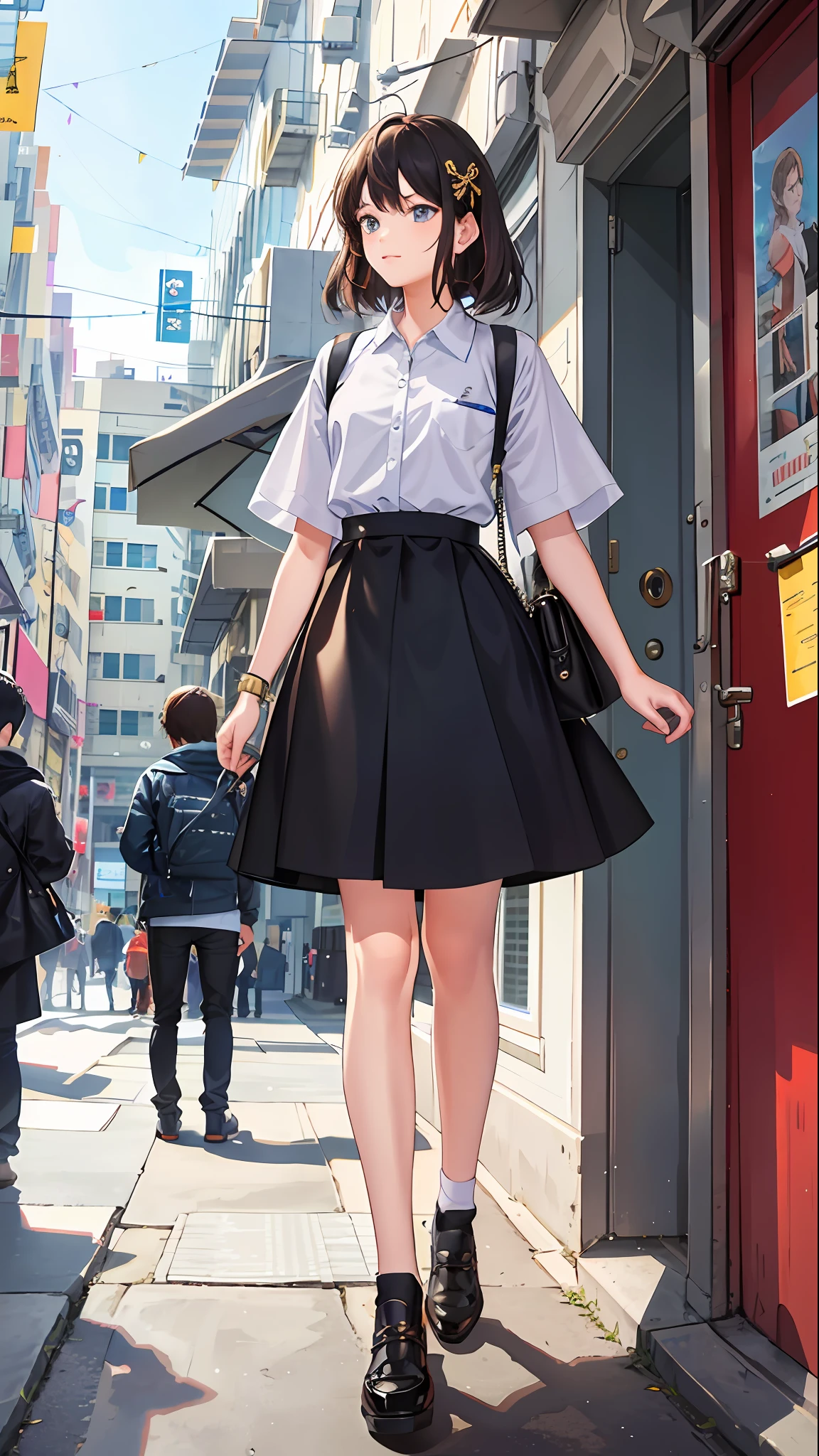 There is a woman in a skirt and a shirt walking down the street - SeaArt AI