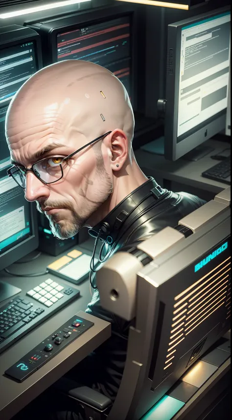 40 year old bald man sitting, computer behind, an owl on his shoulder ...