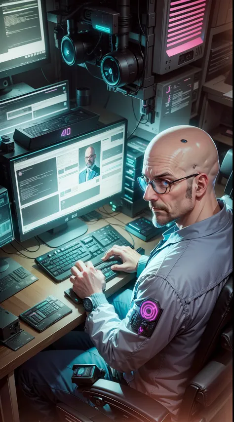 40 year old bald man sitting, computer behind, an owl on his shoulder ...