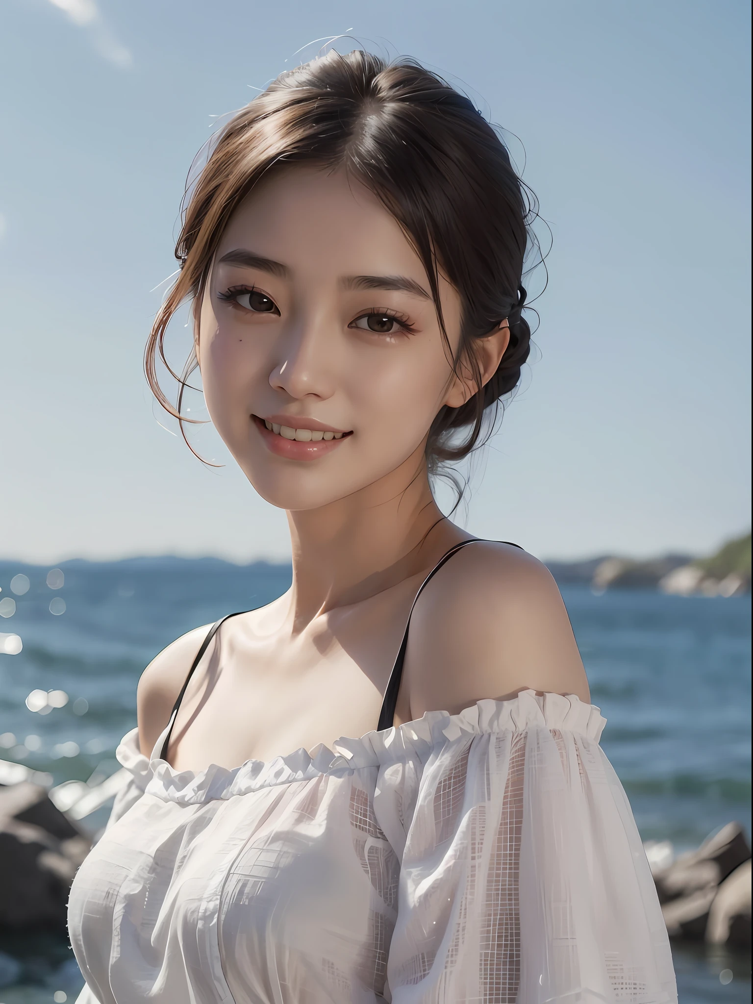 arafed asian woman in a white top standing near the water, beautiful south korean woman ...