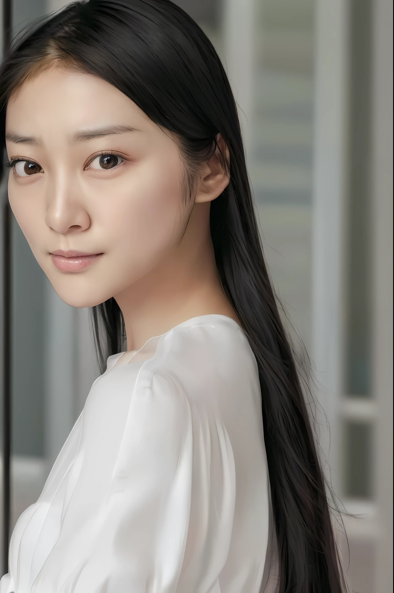 Un primer plano de una mujer con cabello largo y negro y una camisa blanca - SeaArt AI