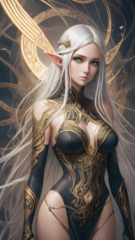 a beautiful full figure painting of perfect female elf woman, shapeless long hair, black hair ...