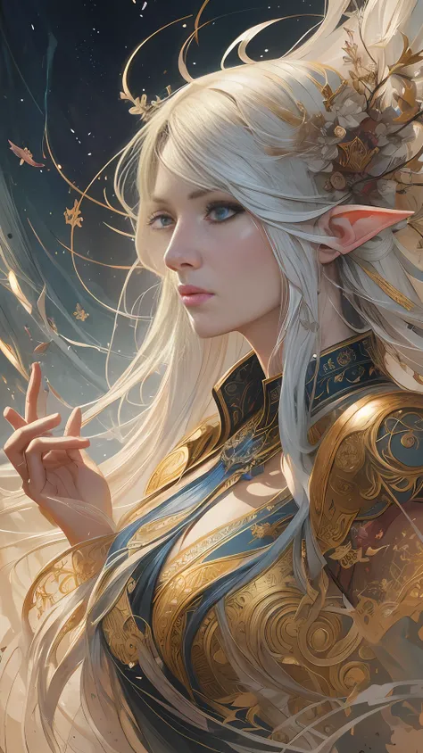 a beautiful full figure painting of perfect female elf woman, shapeless long hair, black hair ...