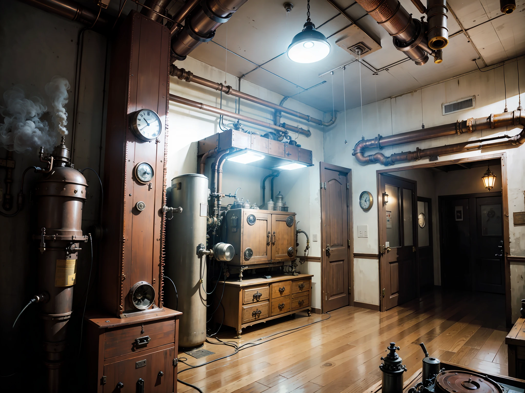 A steampunk-style room with vintage mechanical texture, exhaust holes ...