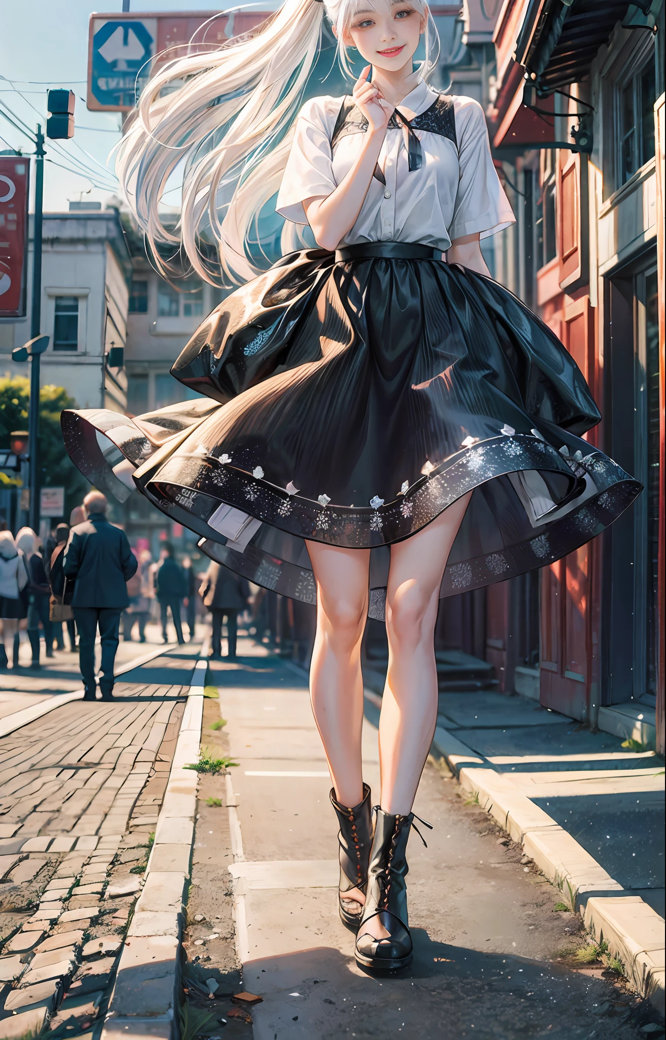 Arafed image of a woman in a skirt and boots walking down a street - SeaArt AI