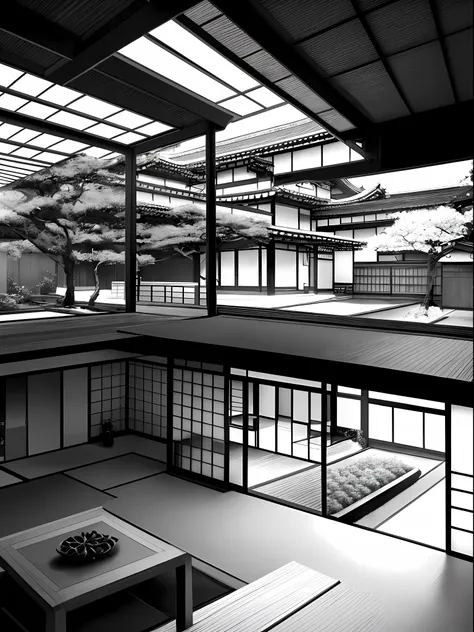 Japanese house with garden, Yoji Shinkawa style, black and white, print ...