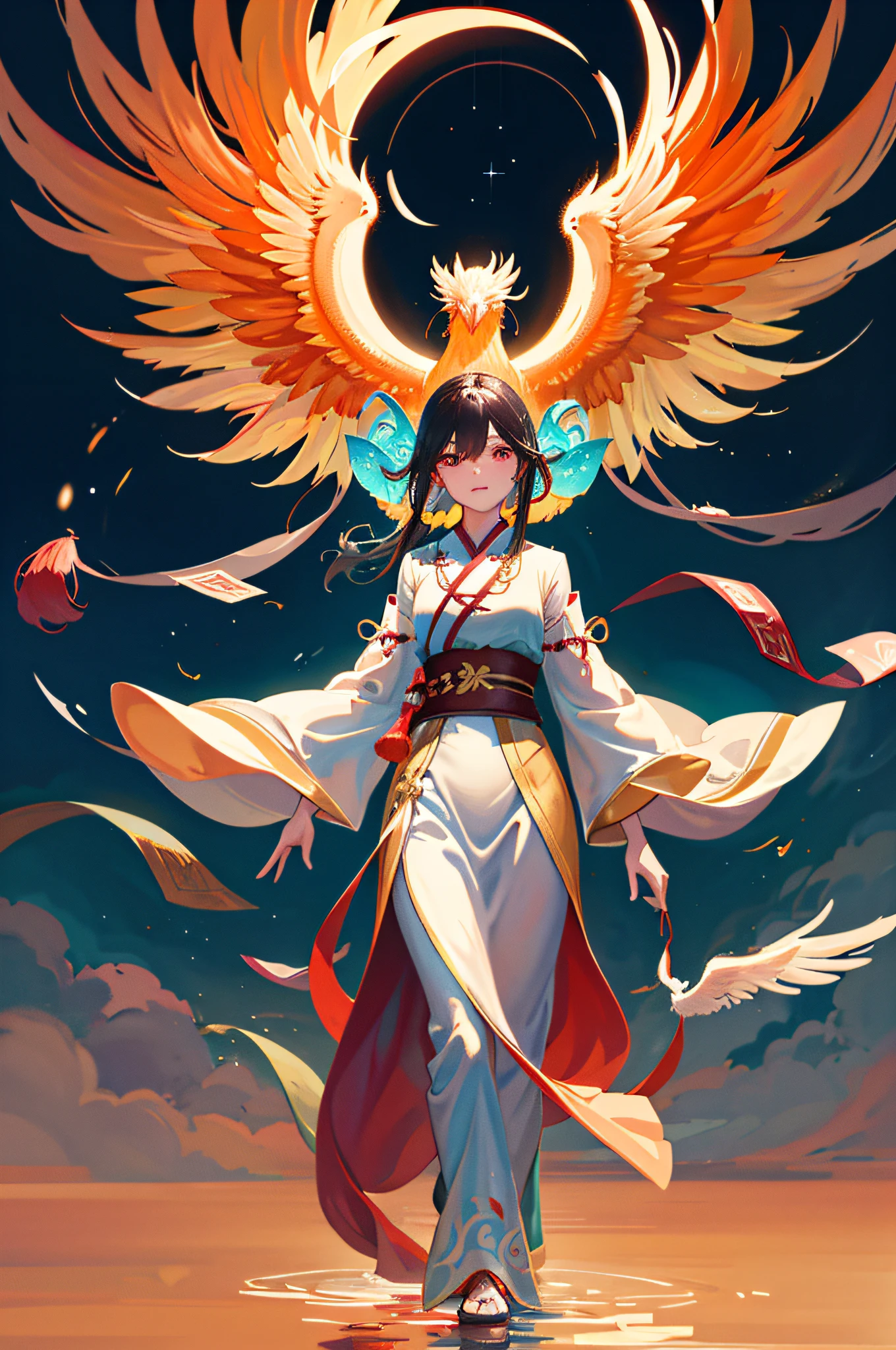 A beautiful Chinese girl standing on the water, misty reflection, a ...