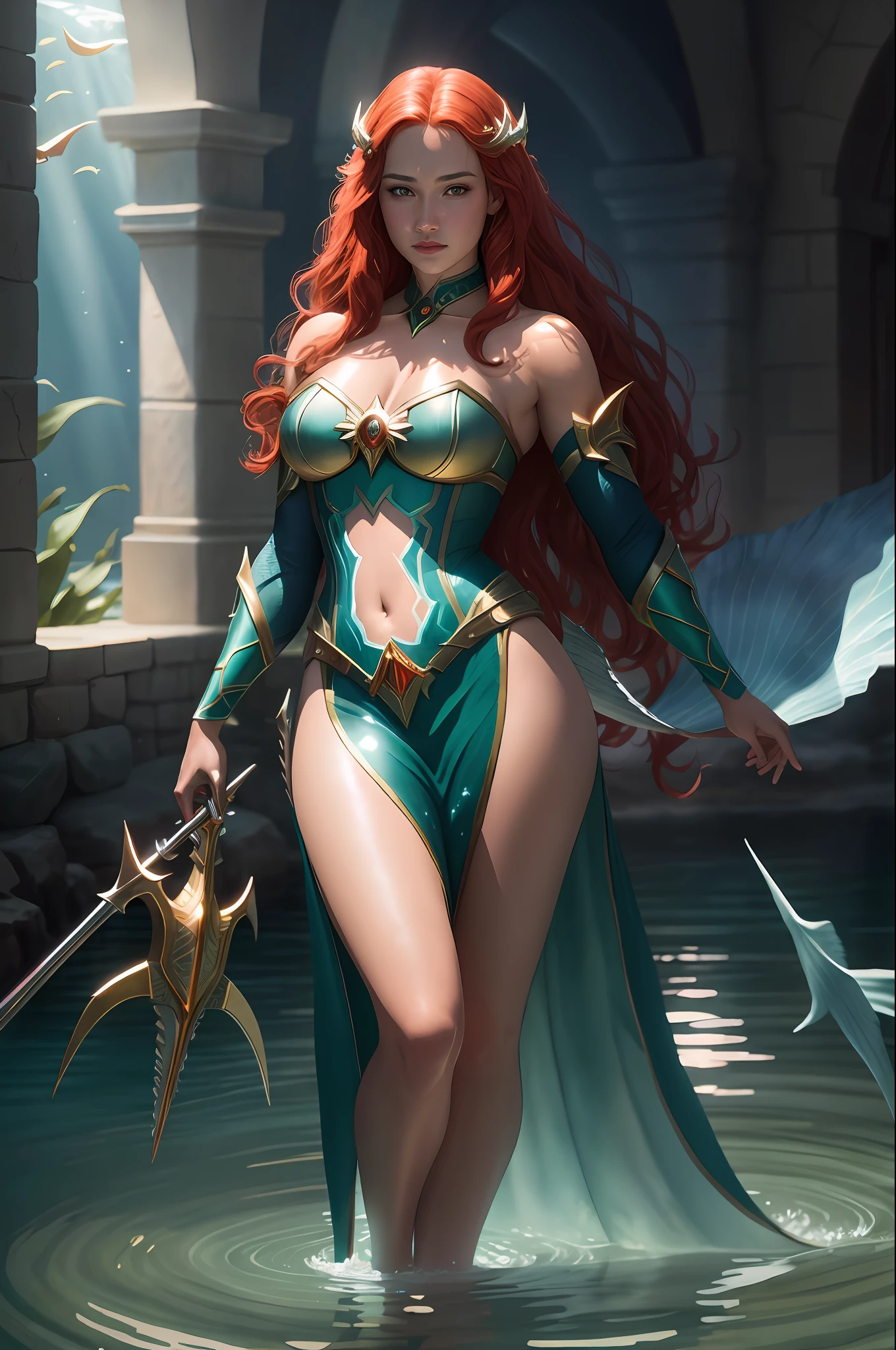 sfw, [fantasy], watercolor illustration, Full Shot, of beautiful sexy atlantean princess with ...