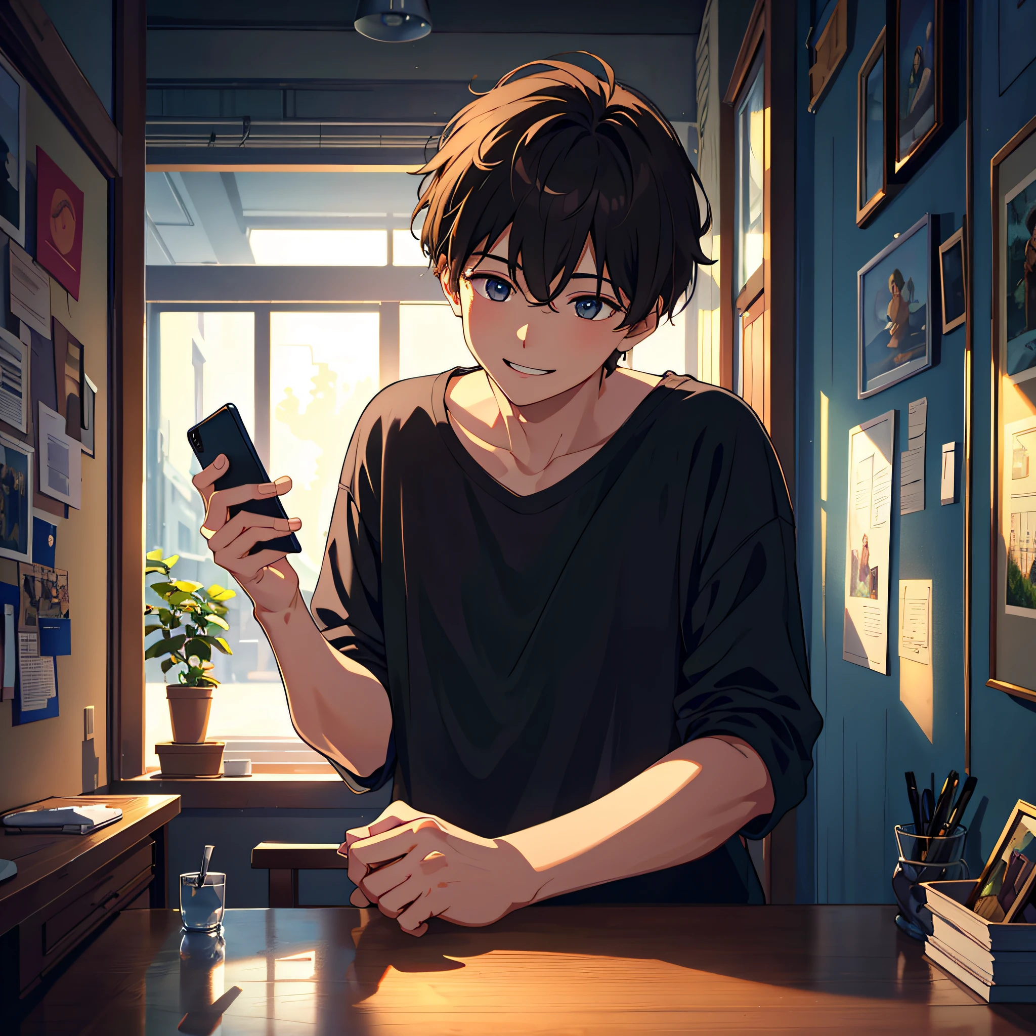 Anime boy holding a cell phone in his hand in a room - SeaArt AI