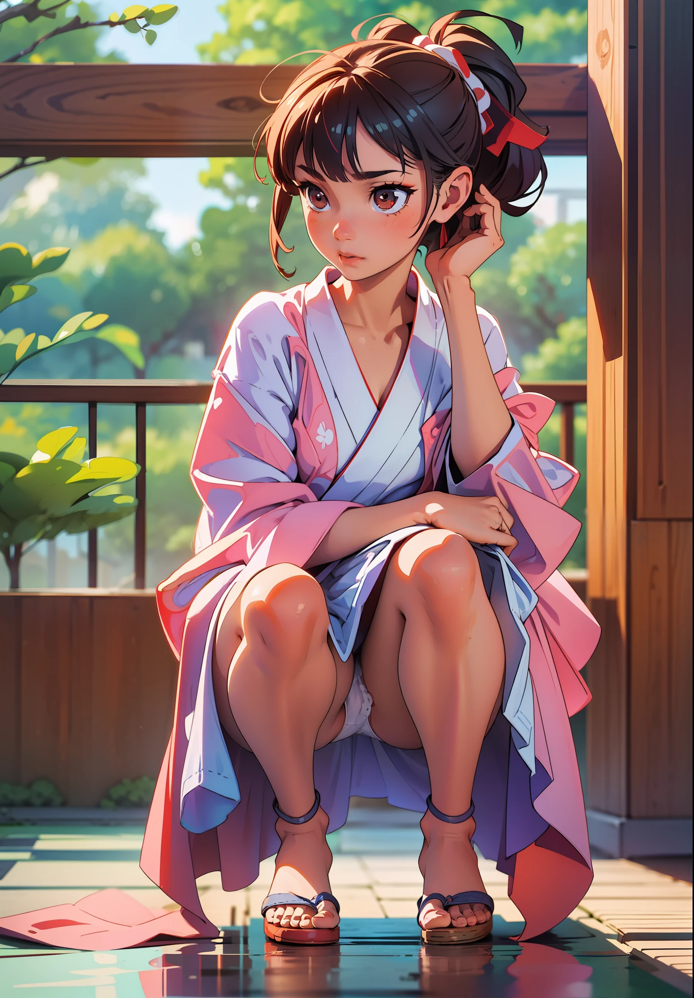 Beautiful girl wearing a short yukata with a white and red hem is squatting and touching her ...