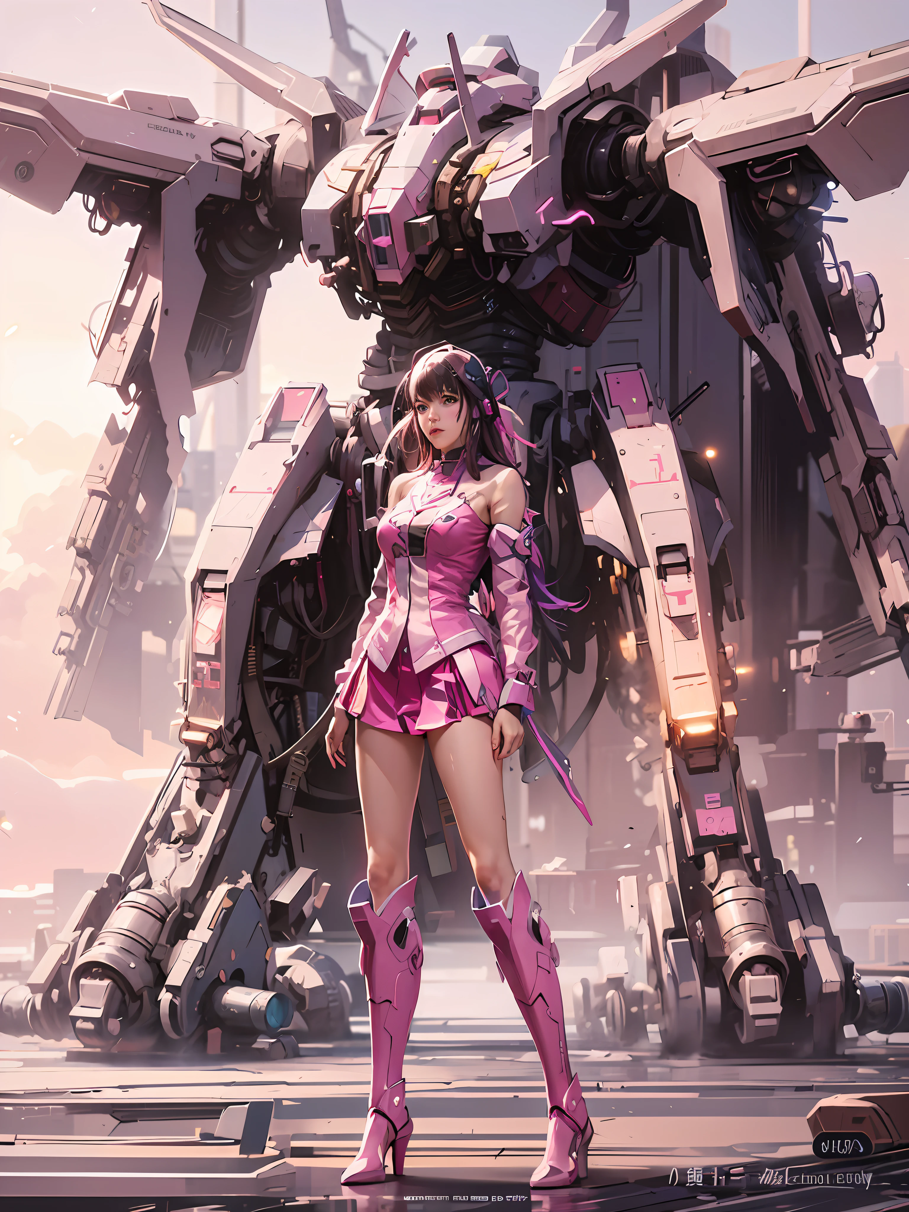 a woman in a pink dress standing in front of a giant robot, trending on ...