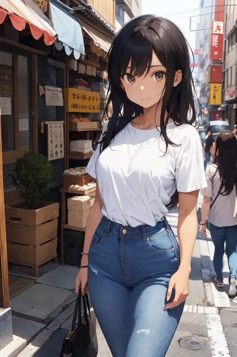 Woman in araffe in jeans and tanned shirt standing on the sidewalk, casual plain clothing style ...