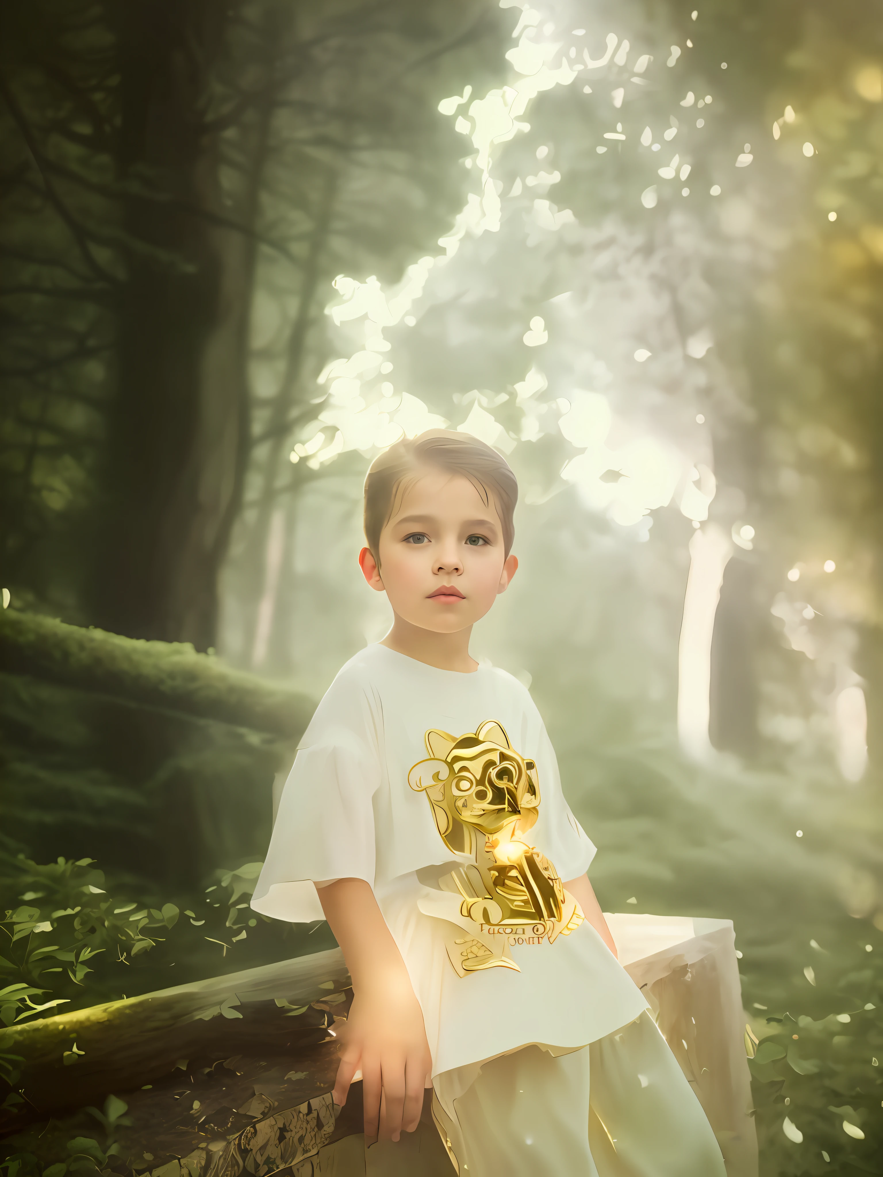 There is a boy sitting in the woods, beautiful light composition ...