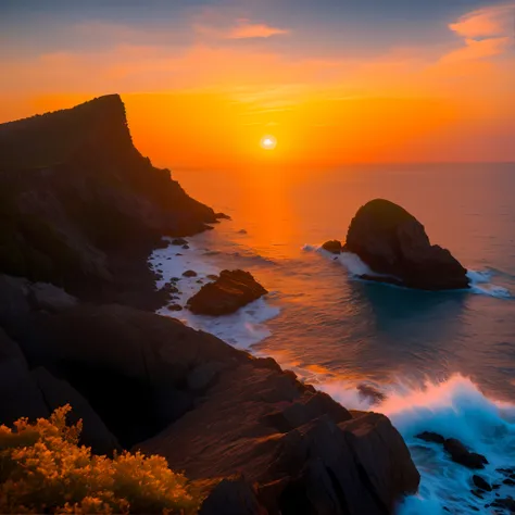 a sunset over a rocky shore with water and rocks, ocean and rock ...