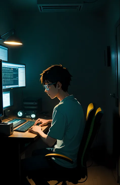 A nerdy boy is programming in front of a computer in a room full of ...