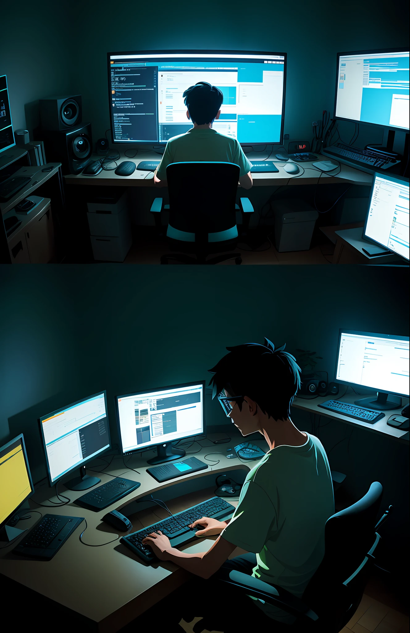 A nerdy boy is programming in front of a computer in a room full of gadgets, designed by Makoto ...