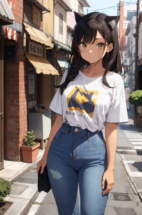 Woman in araffe in jeans and tanned shirt standing on the sidewalk, casual plain clothing style ...