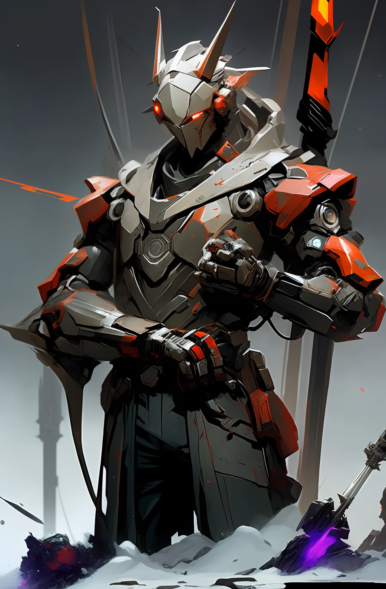 arafed robot with a sword and a large head standing in the snow, inspired by Marek Okon ...