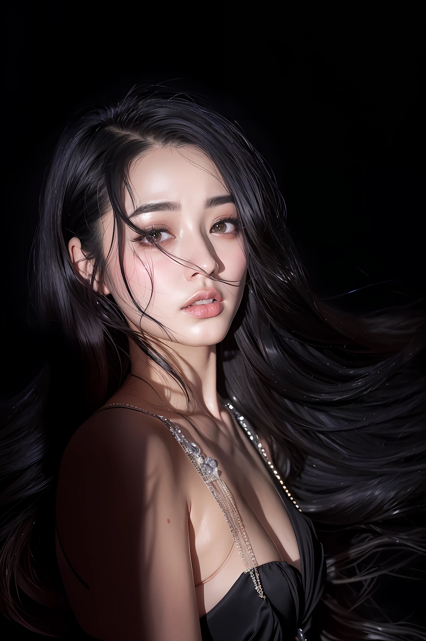 arafed woman with black hair and a black dress posing for a picture, dilraba dilmurat, gemma ...