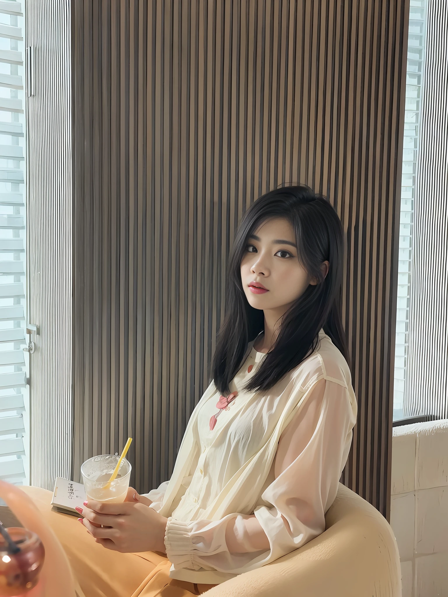 Sitting on a chair with a drink and looking at the woman outside the window, Chen Xintong, Choi ...