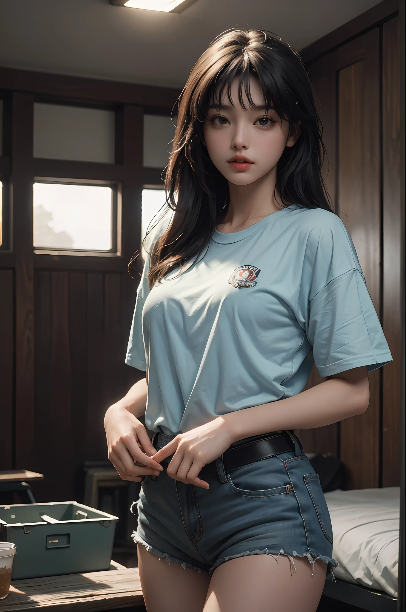 A woman in a blue shirt and denim shorts standing in a room - SeaArt AI