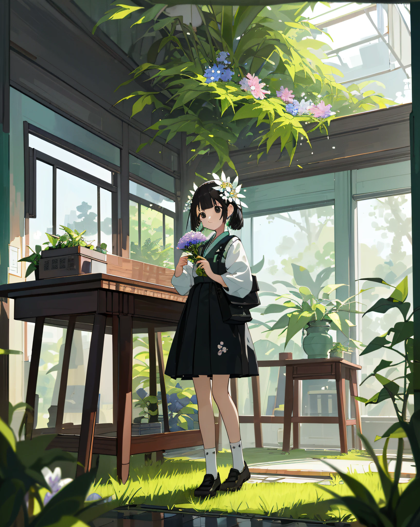 Anime Girl Standing In A Room With A Table And Flowers Seaart Ai