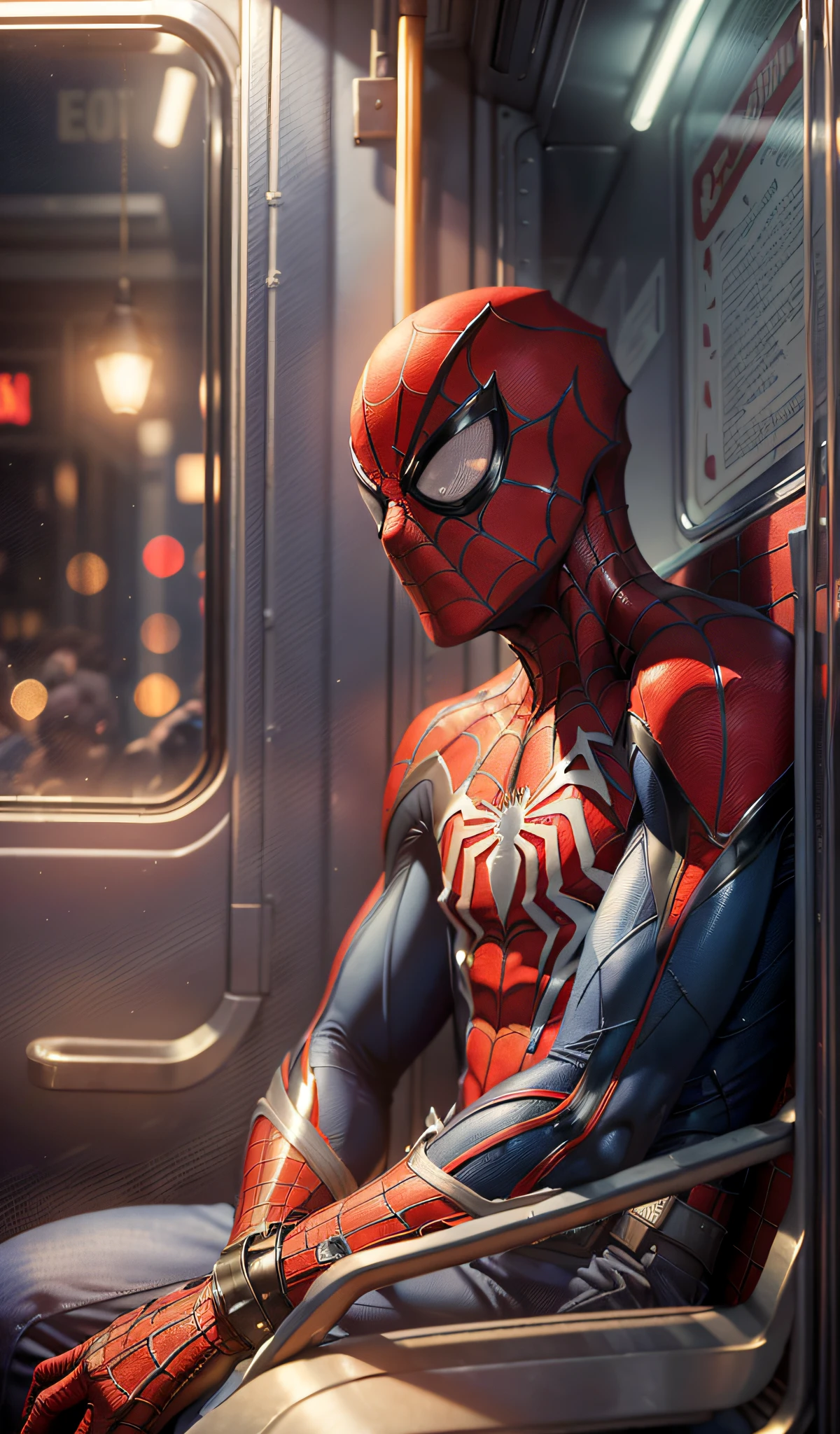 Spider - man sitting on a subway train with his arm around his neck ...