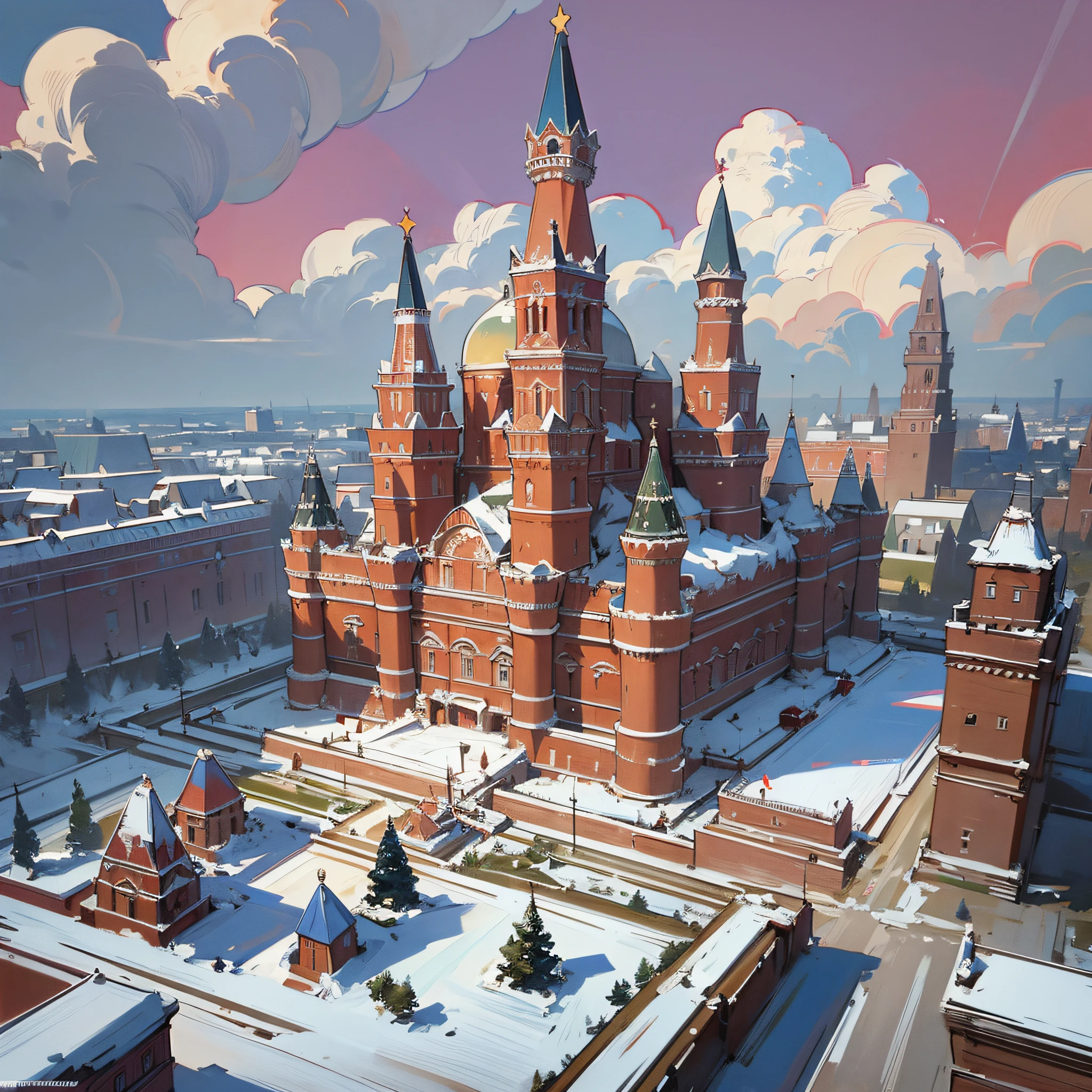 Painting of a large building with a clock tower in the middle of a city - SeaArt AI