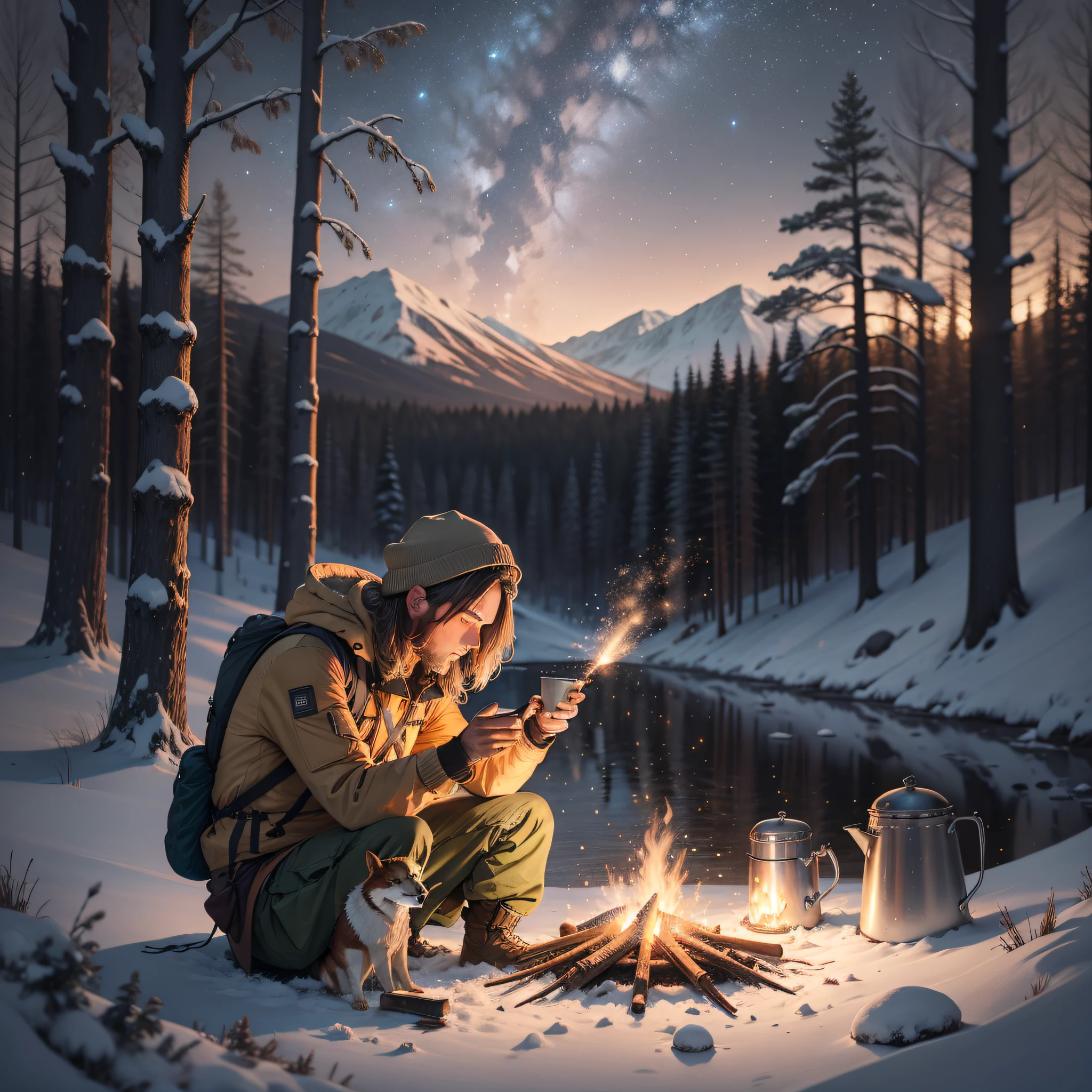 Araffes with a backpack and a backpacker are sitting by a campfire ...