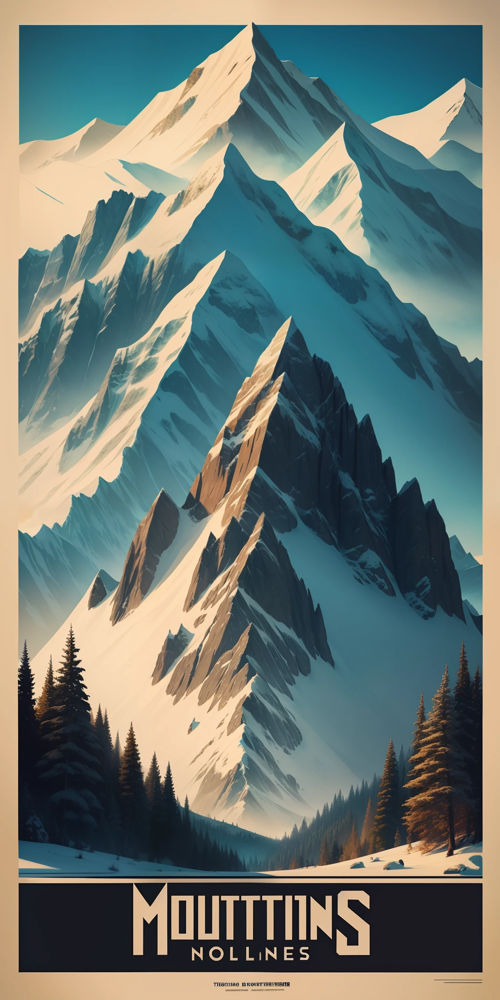A poster of a mountain scene with a snowy mountain in the background ...