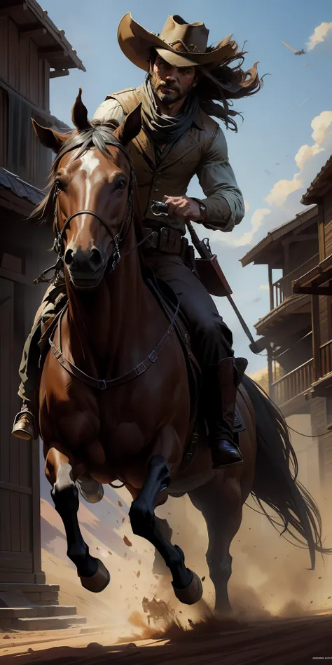 Intricate dynamic action shot of rogue riding a horse, cinematic Steve ...
