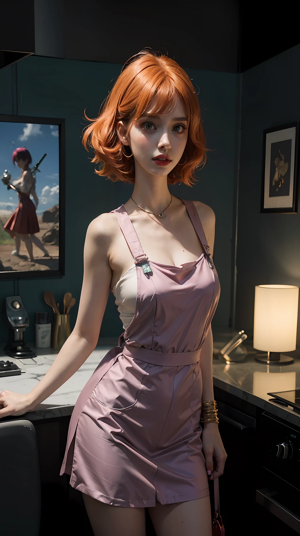 Arafed woman in a pink dress standing in front of a desk - SeaArt AI