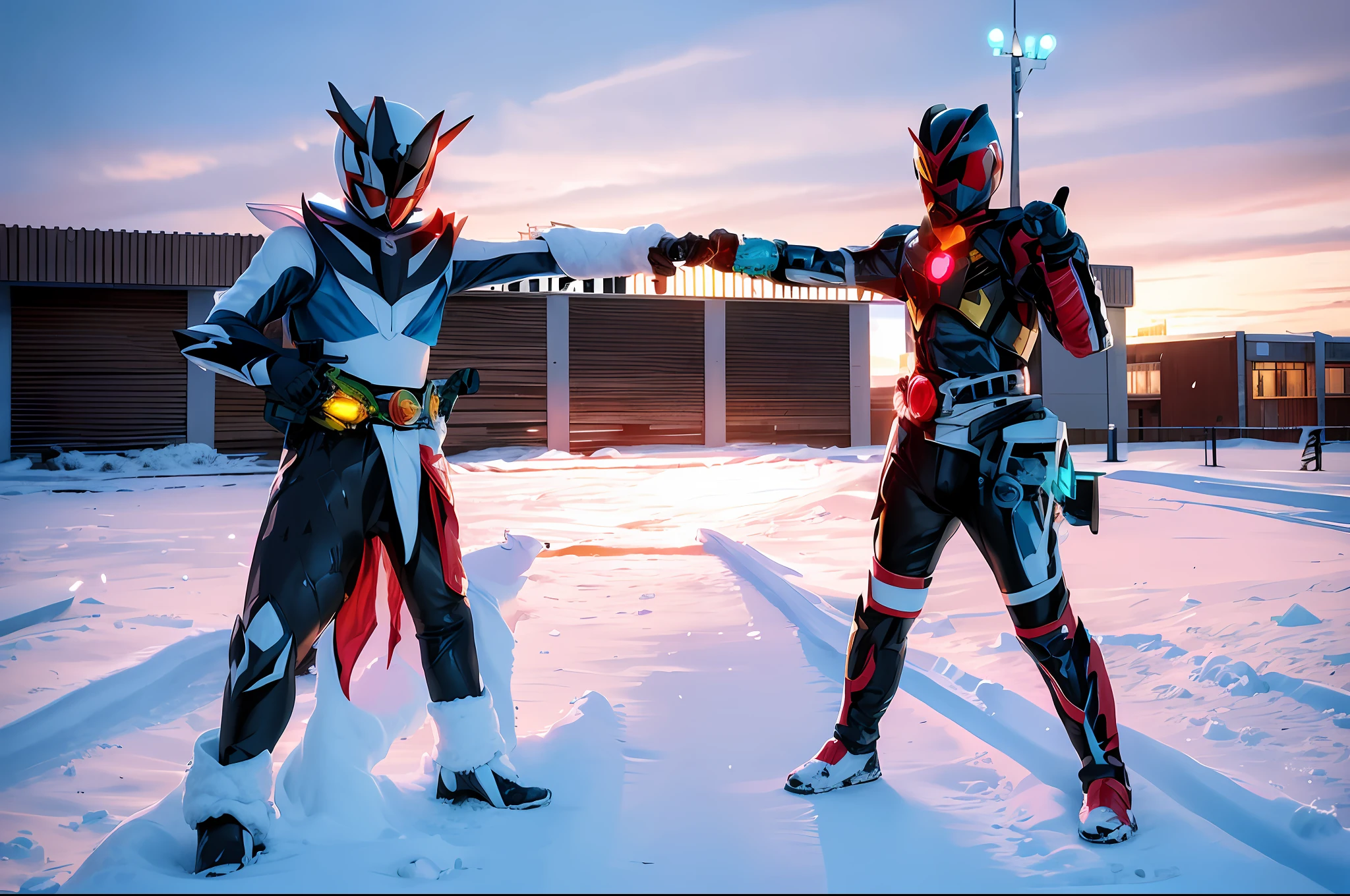 Two people in costumes are standing in the snow with their arms out ...