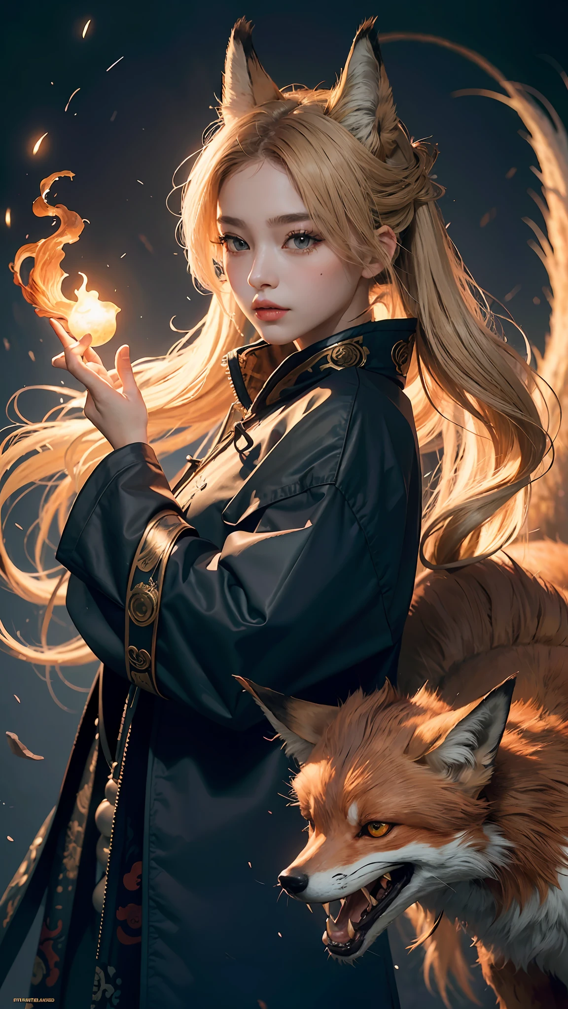 A woman with long blonde hair holding a fire in her hand - SeaArt AI