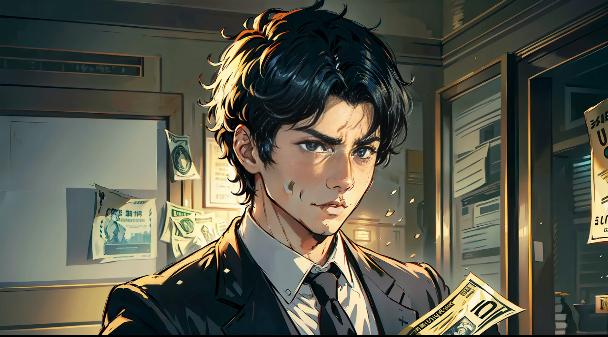 Anime character holding money in hand in a room - SeaArt AI