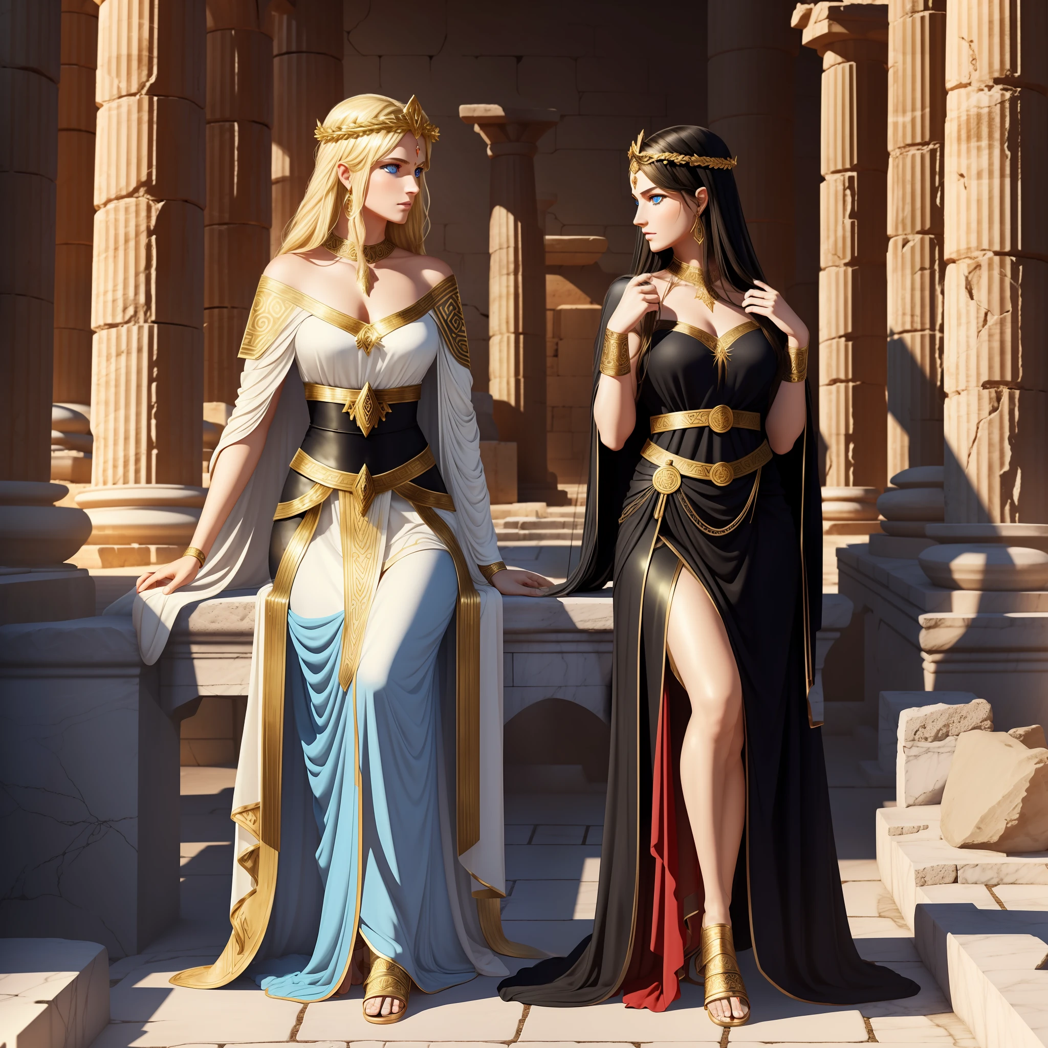 Two women dressed in costumes standing on steps in front of a building - SeaArt AI