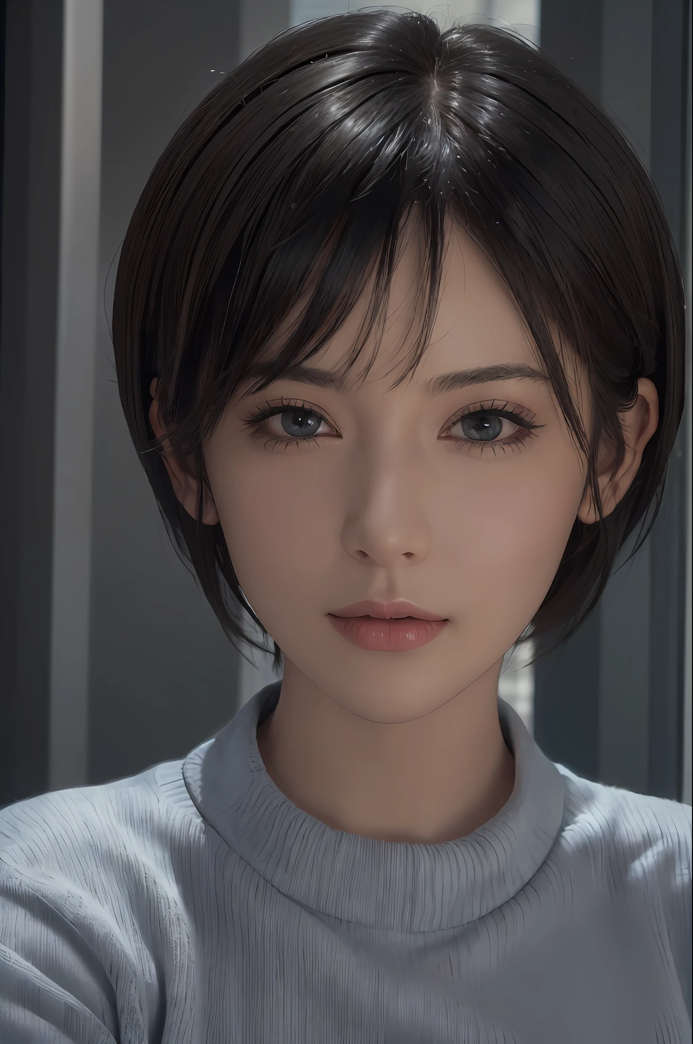 A Woman With A Short Hair And A Sweater Is Looking At The Camera