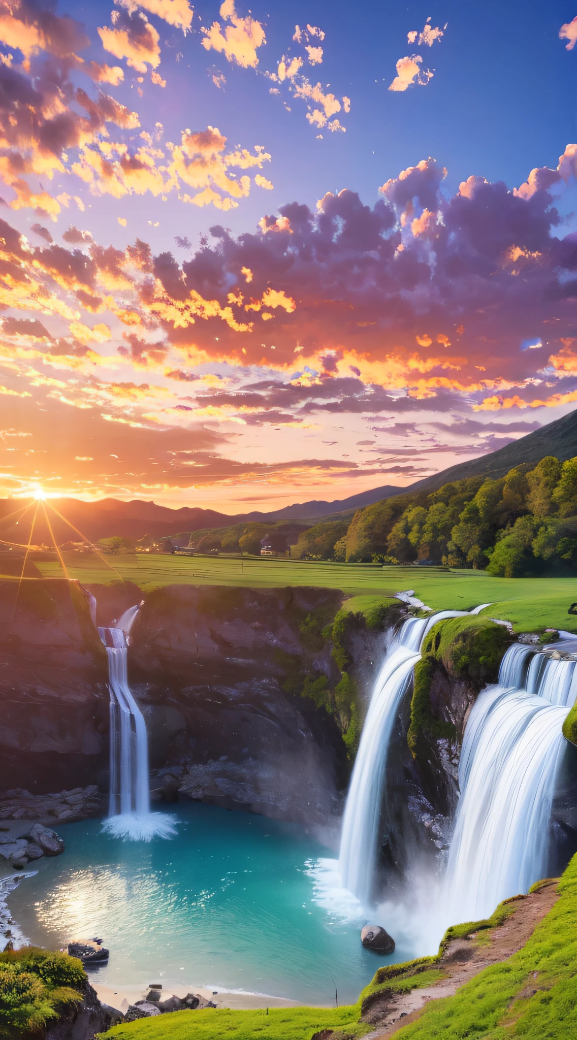 A beautiful sunset over a waterfall in the middle of a valley - SeaArt AI