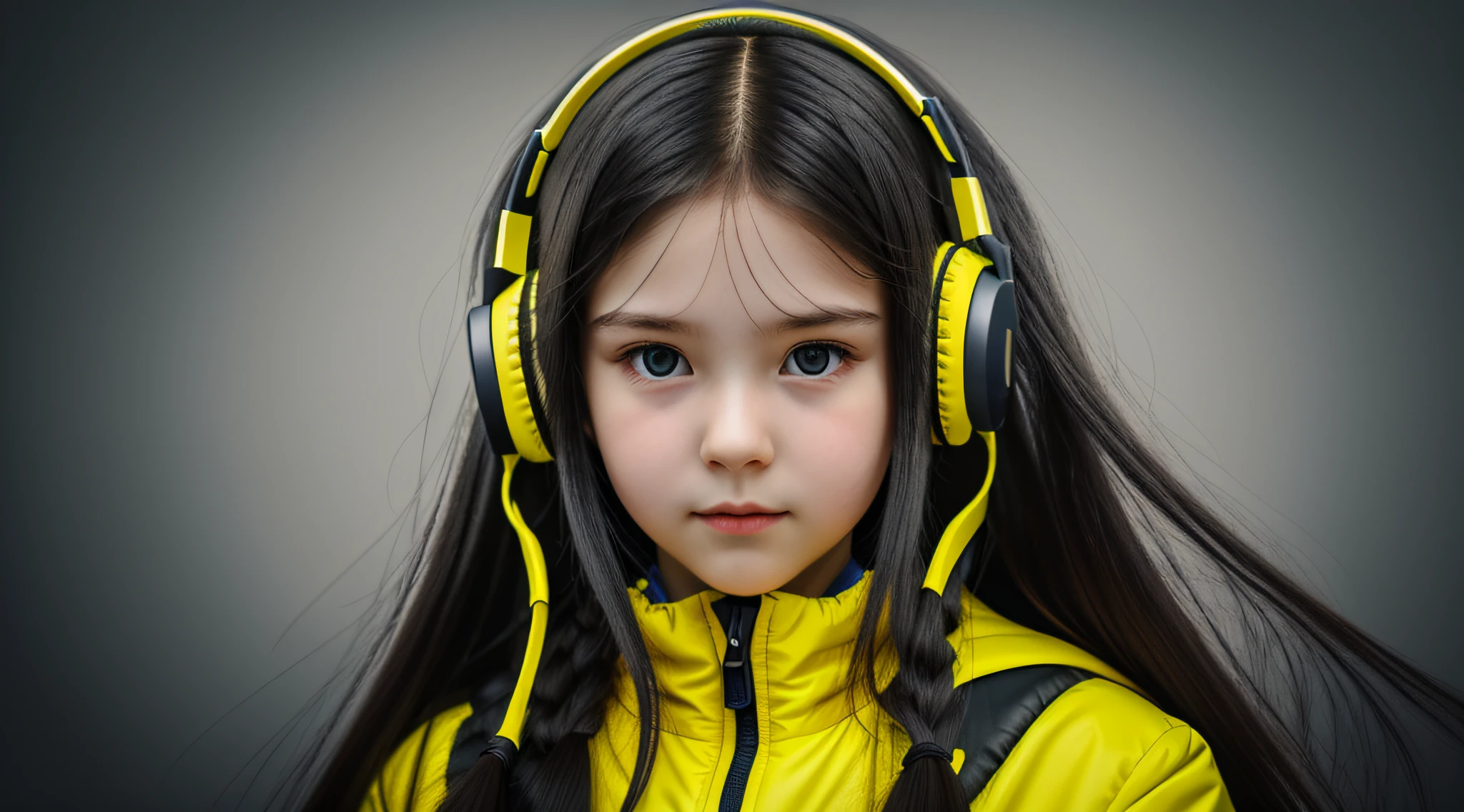 A close up of a young girl wearing headphones and a yellow jacket ...