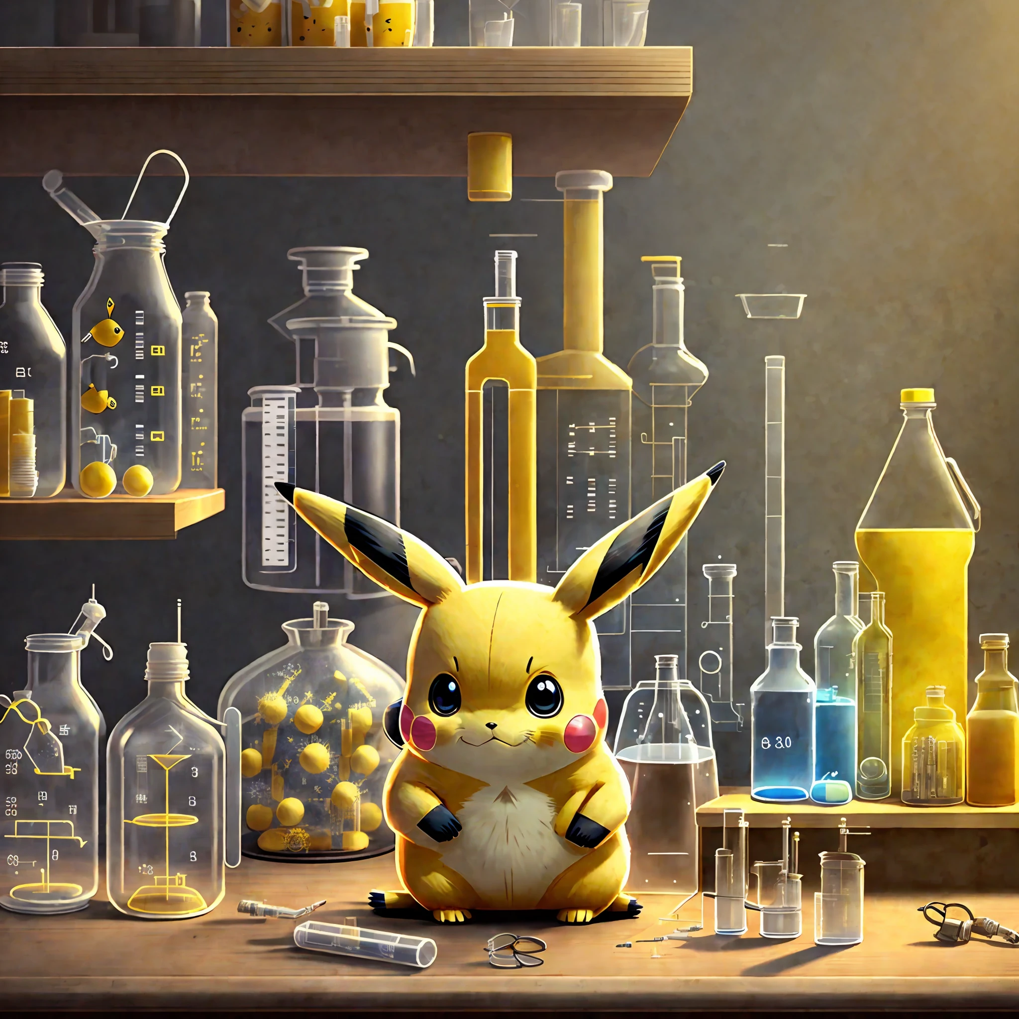 Pokemon pikachu in a laboratory with many glass bottles - SeaArt AI