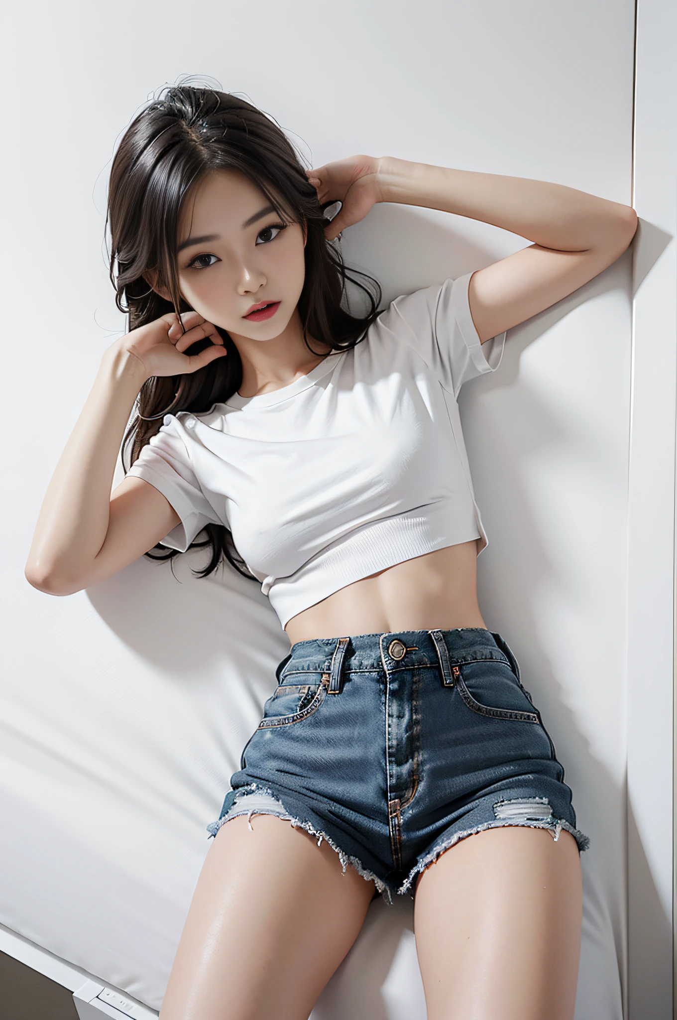 Araffe asian woman in white shirt and denim shorts leaning against a wall - SeaArt AI
