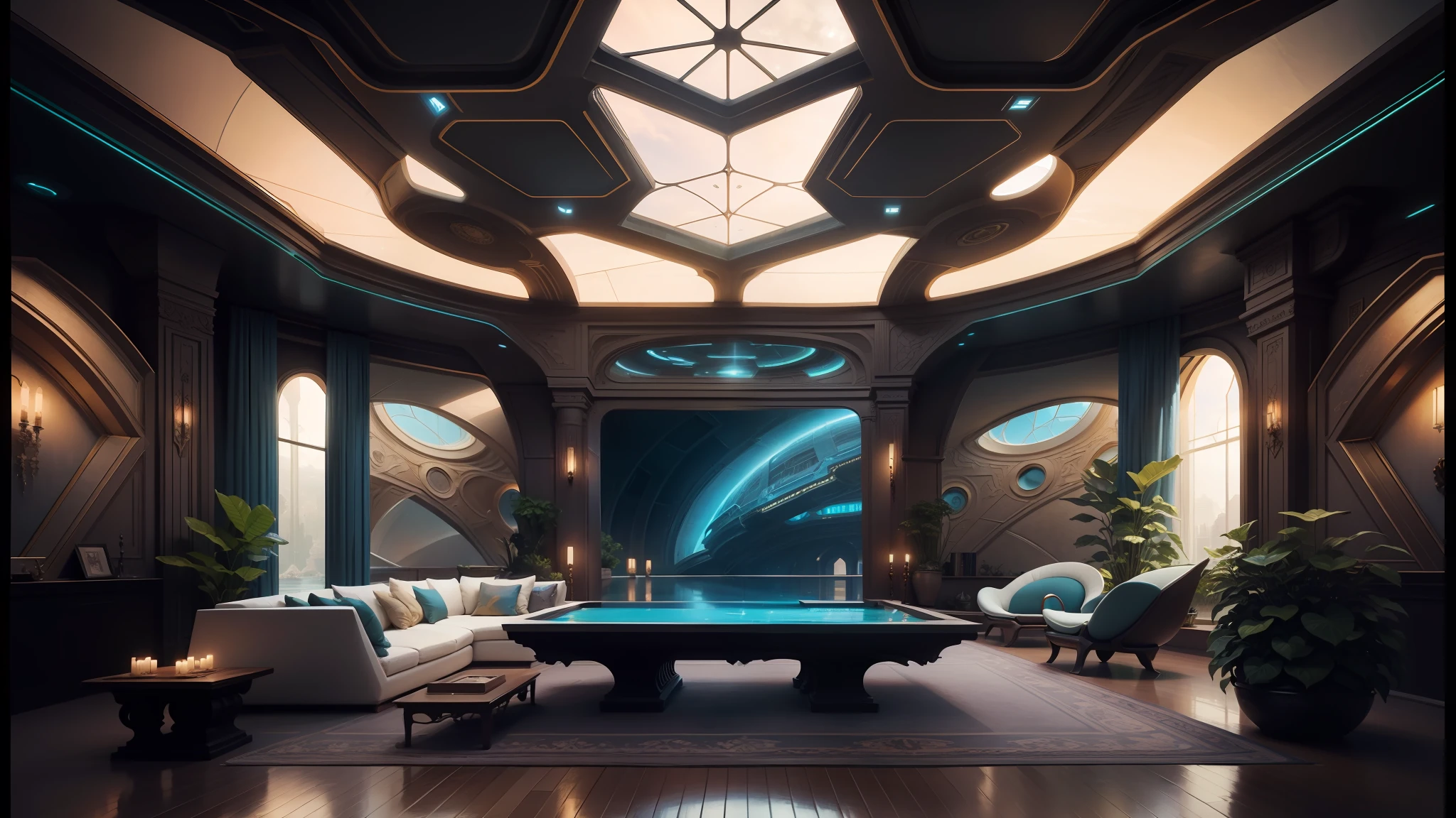 A close up of a pool table in a room with a ceiling - SeaArt AI