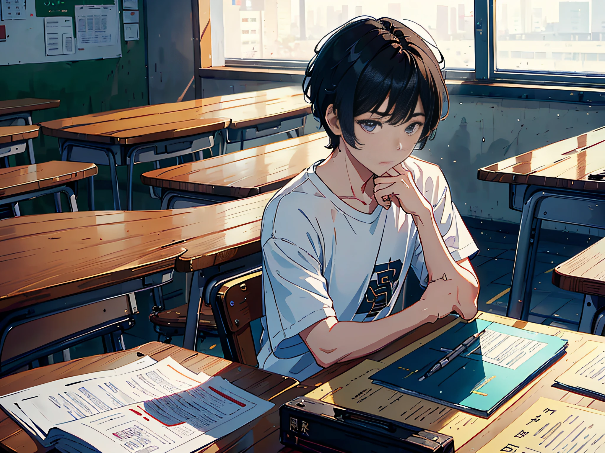 Anime boy sitting at a desk with a laptop in front of him - SeaArt AI