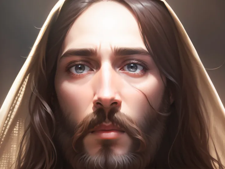 Realistic image of Jesus Christ, with cloak on his head, serene look, with beard and mustache ...